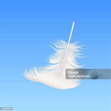 벡터 3d 현실적인 떨어지는 하얀 솜털 깃털 푸른 하늘 배경에 근접 촬영 천사 새 세부 깃털의 디자인 템플릿입니다 가벼움과 자유 개념 3차원 형태에 대한 스톡 벡터 아트 및