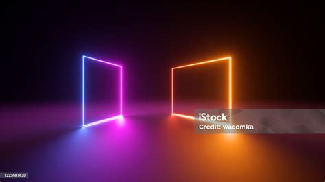 3d 渲染抽象霓虹燈幾何背景舞台激光顯示照明空白矩形形狀方形框架虛擬實境與複製空間發光的霓虹燈線最小未來設計 照片檔及更多 門 照片 Istock