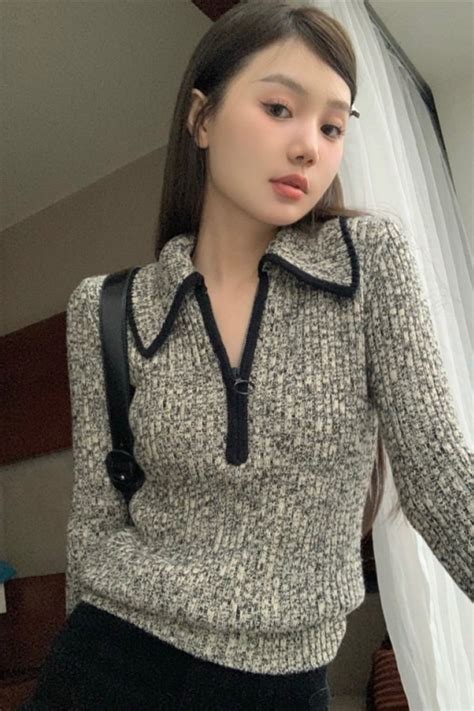 핑크프릴 당일출고 오브 블랙 띠장식 카라 집업 브이넥 긴소매 롱슬리브 스웨터 위시버킷