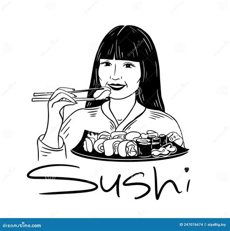 A Beautiful Girl Eats Sushi And Holds A Plate With A Japanese Dish In Her Hands Stock