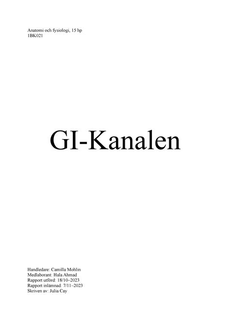 Cay J Lab V Laboration Gi Kanalen Anatomi Och Fysiologi Hp