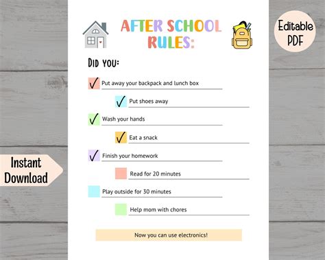 Editable After School Rules Printable After School Checklist Reminders