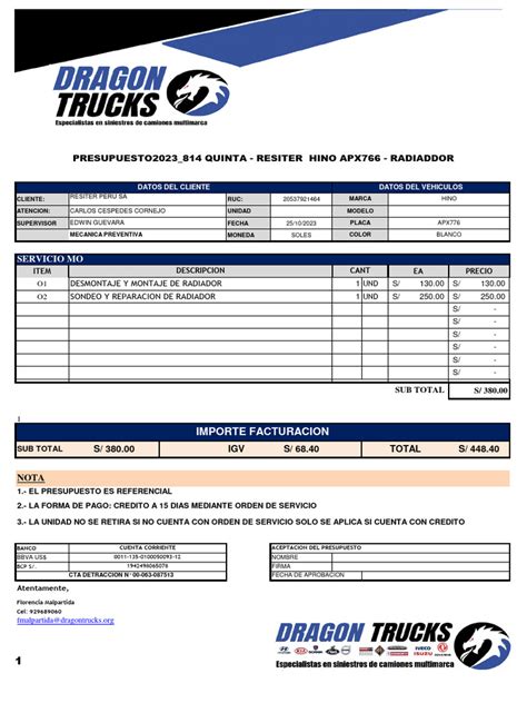 Presupuesto2023 814 Quinta Resiter Hino Apx766 Radiaddor Pdf