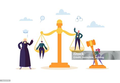법과 정의 개념 캐릭터와 사법 요소 망치 변호사 심판과 법원 배 심원 사람입니다 벡터 일러스트 레이 션 정의에 대한 스톡 벡터