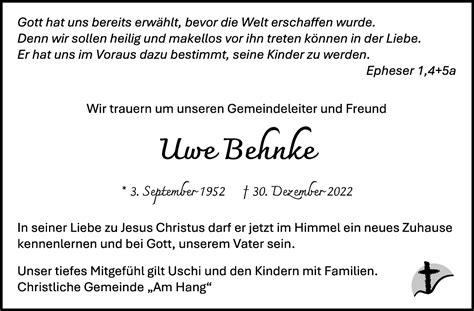 Traueranzeigen Von Uwe Behnke Trauer Gedenken