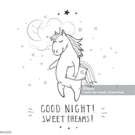 베개 달 구름과 텍스트손으로 그린 귀여운 유니콘의 벡터 그림 Good Night 좋은 꿈꾸세요 흰색 배경에 개성 개념에 대한