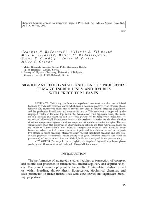 Pdf Significant Biophysical And Genetic Properties Of Maize Inbred