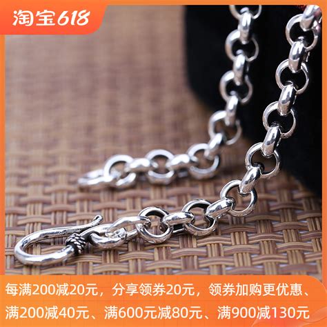 泰银复古毛衣链纯银项链做旧男士珍珠925环套环女4m5m6mm7mm虎窝淘