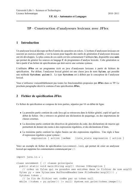 tp â construction d analyseurs lexicaux avec jflex 1 introduction 2