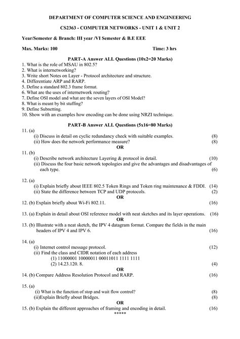 Iii Eee Cs2363 Computer Networks Important Questions For Unit 1 Unit 2