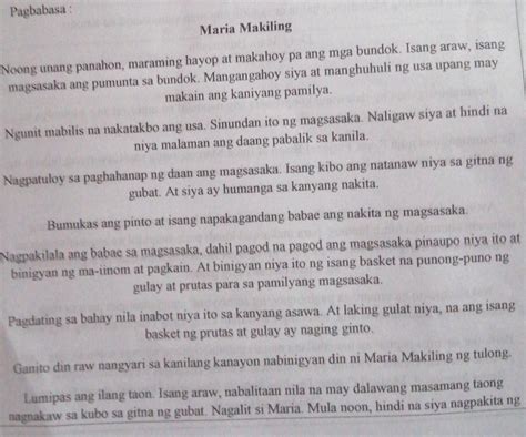 Panuto Sagutin Ang Mga Tanong Batay Sa Nabasang Kwentong Maria
