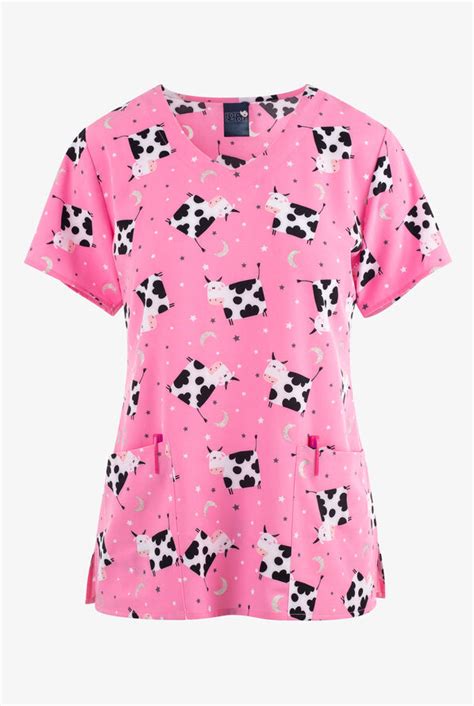 Zoe And Chloe Moon Moo Cow Womens 2 Pocket Stretch V Neck Print Scrub