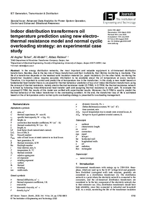 Pdf Indoor Distribution Transformers Oil Temperature Prediction Using New Electro Thermal