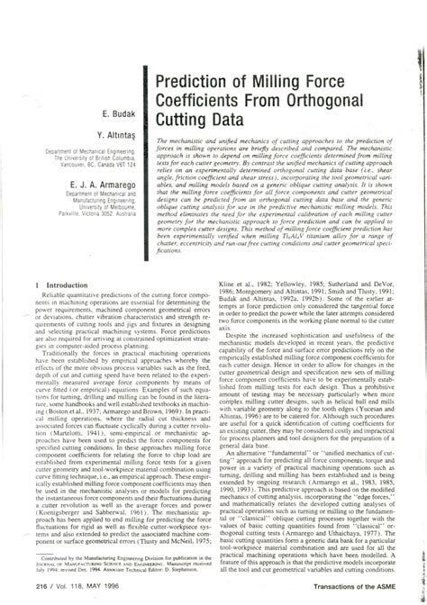 Pdf Prediction Of Milling Force Coefficients From Orthogonal Cutting Data