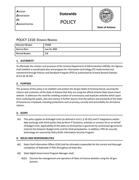 P1310 Domain Naming Policy ARIZONA DEPARTMENT OF ADMINISTRATION Statewide POLICY State Of