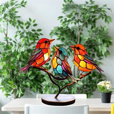 Goderat Stained Glass Birds On Branch Desktop Ornaments