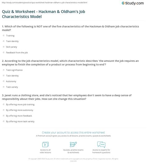 Quiz Worksheet Hackman Oldham S Job Characteristics Model Study