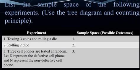 solved list the sample space of the following experiments