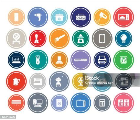 웹 앱 및 디자인을 위한 가전 제품 인포그래픽 라운드 디자인 아이콘 세트 Cd 플레이어에 대한 스톡 벡터 아트 및 기타 이미지