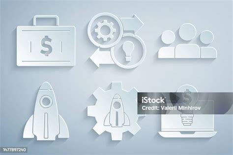 시작 프로젝트 개념 사용자 그룹 달러 노트북이 있는 전구 인적 자원 및 서류 가방 및 돈 아이콘을 설정합니다 벡터 3차원 형태에 대한 스톡 벡터 아트 및 기타 이미지