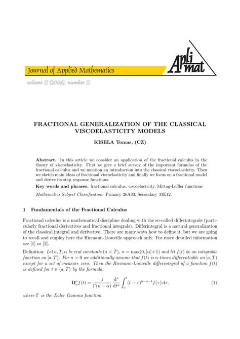 Pdf Fractional Generalization Of The Classical Viscoelasticity Models
