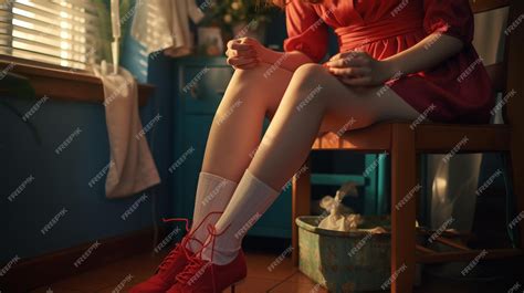 Premium Photo Woman With Red Lips Sitting On The Floor And Posing In