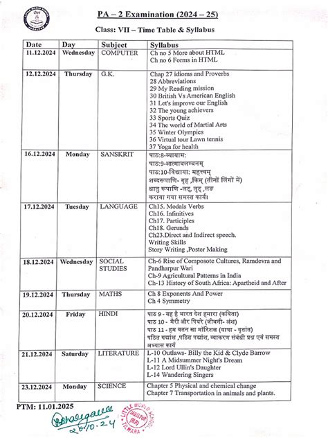 Class 7 Pa 2 Time Table And Syllabus Pdf