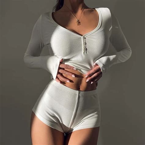 Женские пижамные шорты из 2 предметов, комплект с длинным рукавом и v ...