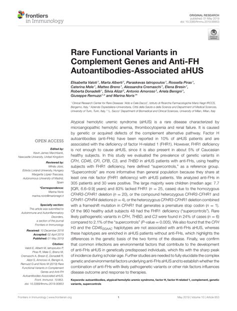 Pdf Rare Functional Variants In Complement Genes And Anti Fh Autoantibodies Associated Ahus