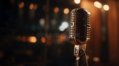 Vintage Microphone On Stage With Bokeh Lights Background Created With