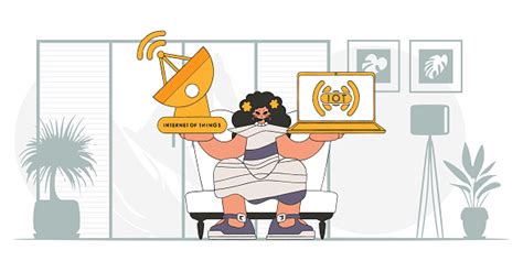 Iot 현대 벡터 문자 스타일을 위한 노트북과 위성 접시를 가진 소녀 그릇에 대한 스톡 벡터 아트 및 기타 이미지 그릇
