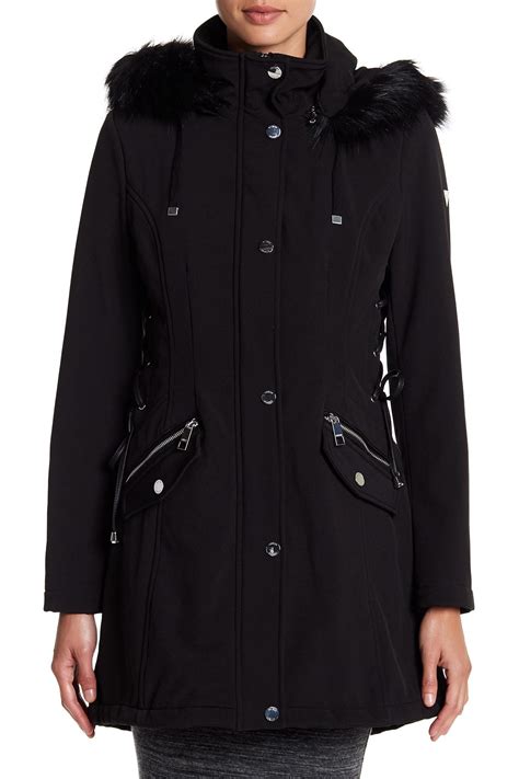 Guess Side Lace Up Faux Fur Trim Hooded Jacket In Black Lyst