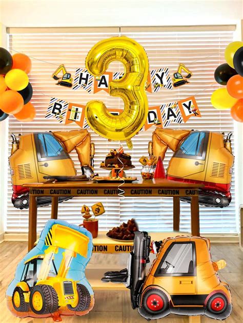 24pcs Construction Vehicle Themed Kit With Birthday Banner Bulldozer
