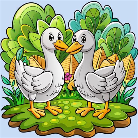 두 마리의 새가 초록색 잔디 위에 서 있고 하나는 파란색 배경을 가지고 있습니다 프리미엄 Ai 생성 벡터