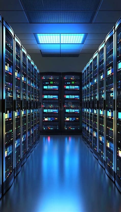 Modern Data Center With Rows Of Network Server Racks Illuminated With Blue Light Digital
