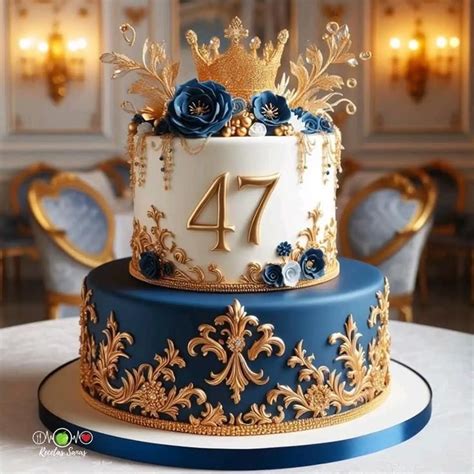 Blue And White Birthday Cake With Gold Decorations
