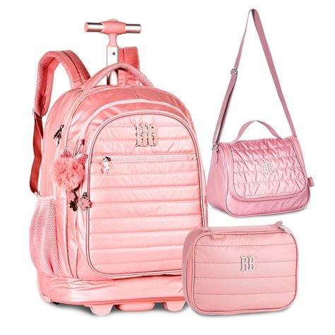 Mochila De Rodinhas Rosa Rb Lancheira Estojo Box Shop Macrozao