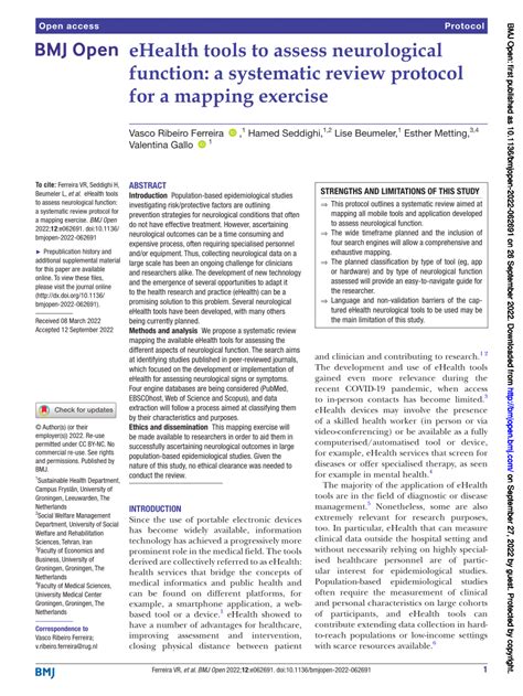 Pdf Ehealth Tools To Assess Neurological Function A Systematic Review Protocol For A Mapping