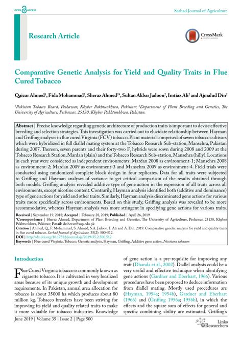 Pdf Comparative Genetic Analysis For Yield And Quality Traits In Flue Cured Tobacco