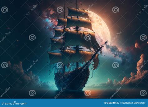 Sailing Pirate Ship On The High Seas In The Night Old Moonlit Flying