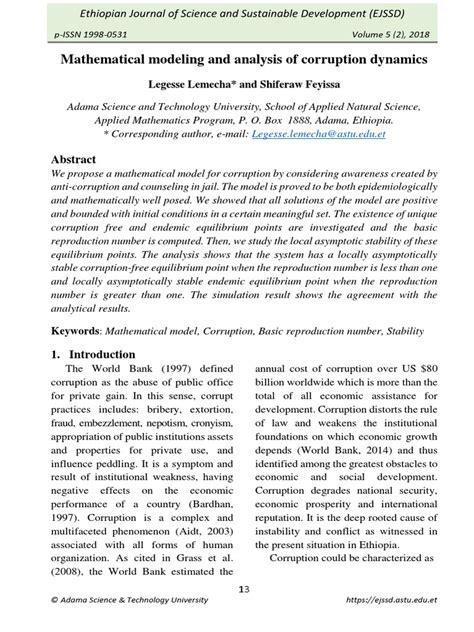 Mathematical Modeling And Analysis Of Corruption Dynamics Pdf