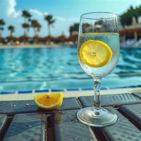 Beach Vacation Scene Empty Wine Glass With Lemon On Table Stock
