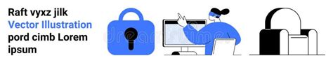 Cybersecurity Awareness With Lock Person At Computer And Secure Cybersecurity Awareness With Lock Person At Computer And Secure