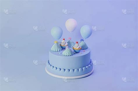 最小的蓝色蛋糕气球纪念日和庆祝甜甜的纸杯蛋糕和红樱桃浇头3d渲染素材 花瓣网