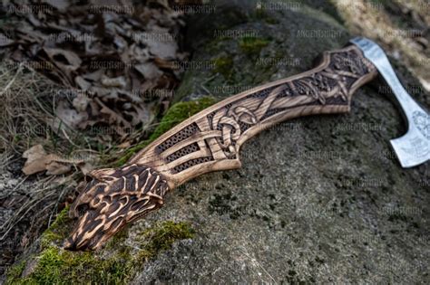 Hand Forged Viking Axe With Carved Handle And Handmade Wooden Etsy