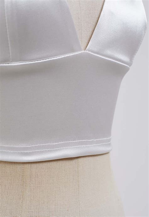 Satin Finish V Neck Crop Cami Top In White Retro Indie And Unique