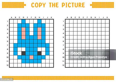 그림을 복사하고 그리드 이미지를 완성합니다 사각형으로 그리는 교육용 워크시트 셀 영역 색칠 어린이의 유치원 활동 만화 벡터 픽셀 아트 푸른 토끼 얼굴 그림입니다 개발에 대한