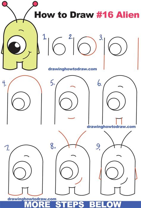 How To Draw Cute Cartoon Alien From Numbers “16” Easy Step By Step