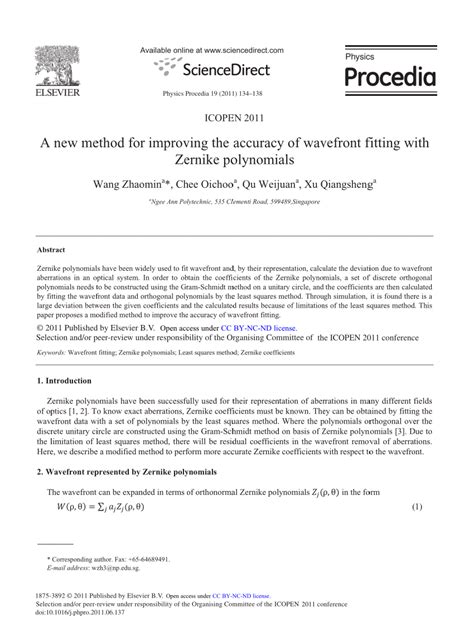 Pdf A New Method For Improving The Accuracy Of Wavefront Fitting With Zernike Polynomials