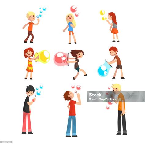 성인과 아이 들 비누 방울을 불고는 흰색 바탕에 만화 벡터 일러스트 레이 션을 설정 구에 대한 스톡 벡터 아트 및 기타 이미지